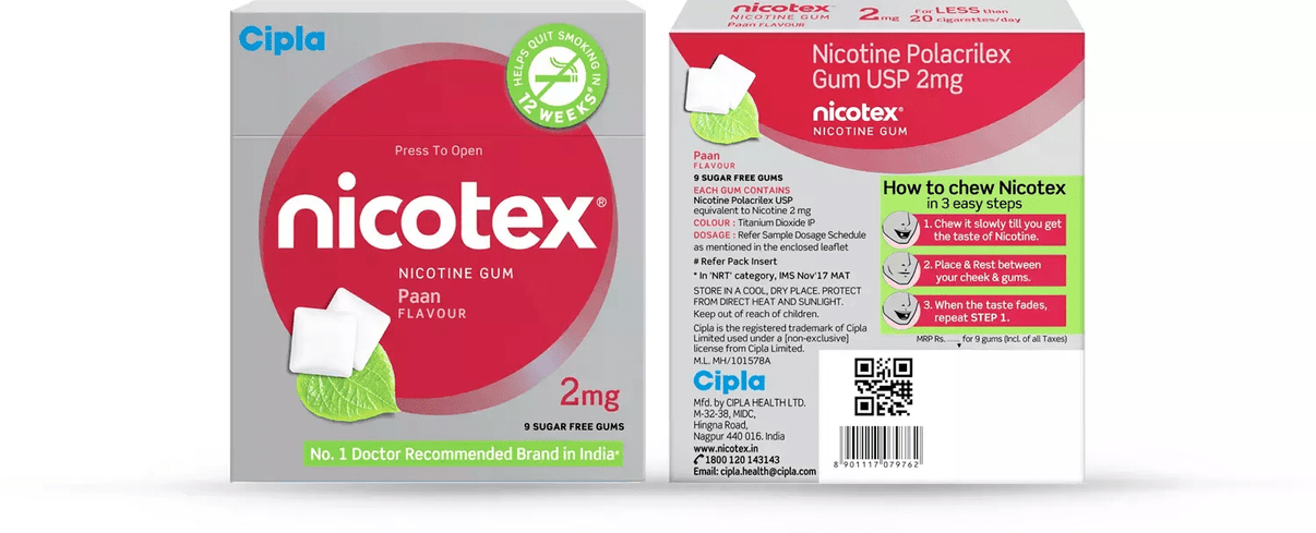 Nicotex 2mg Sugar Free Paan Gums Strip Of 9 | Cipla Health